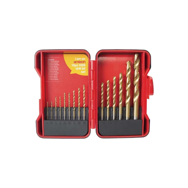 Amtech F1132 15pc Titanium Coated HSS Drill Bit Set with Case